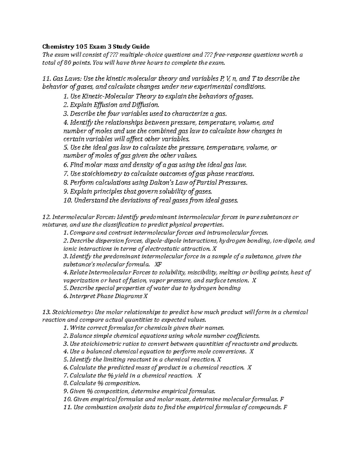 Chemistry 105 Exam 3 Study Guide: Gas Laws, Intermolecular Forces ...