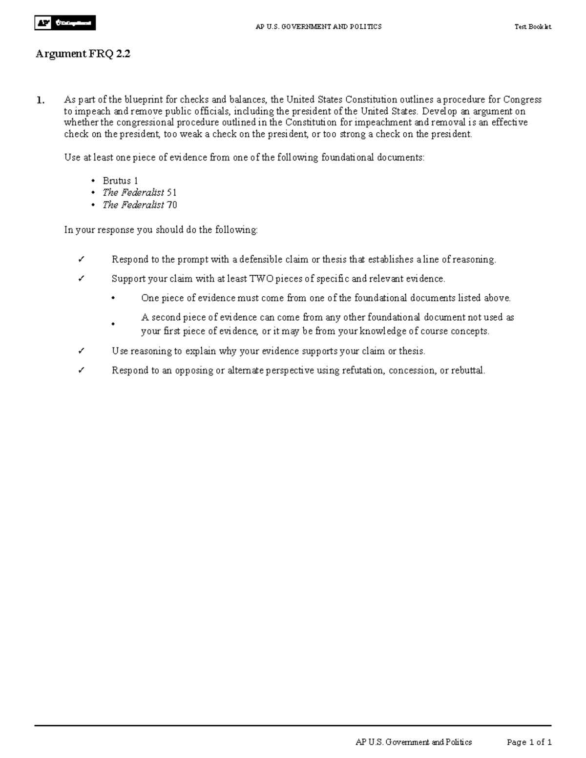 Unit 2.2 Argument FRQ - As part of the blueprint for checks and ...