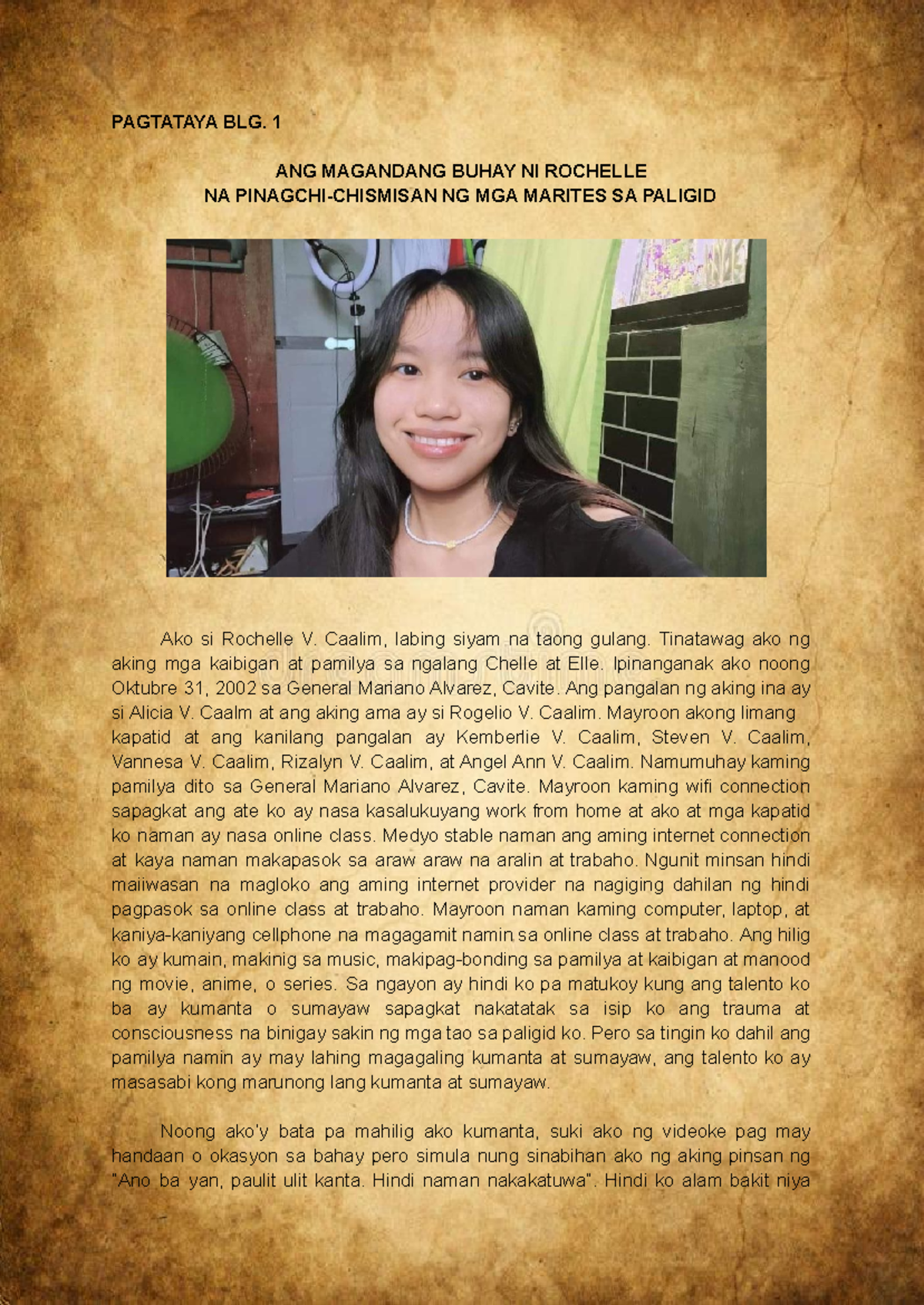 Talambuhay ni Rochelle: Pagsusuri at Pagsubok sa Kolehiyo - Studocu