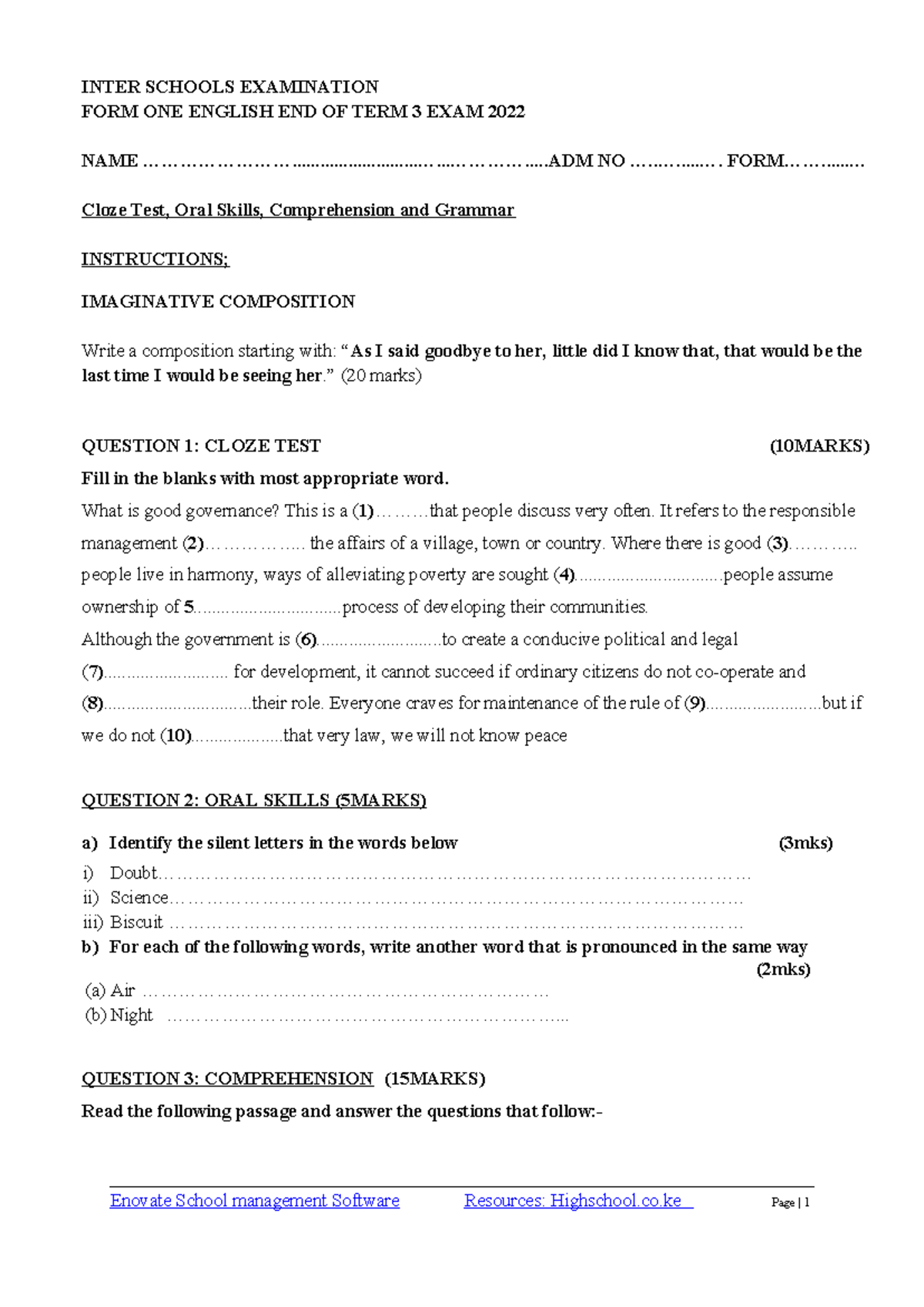Form One English End Term 3 Exam Paper 2022 - Inter Schools Exam - Studocu