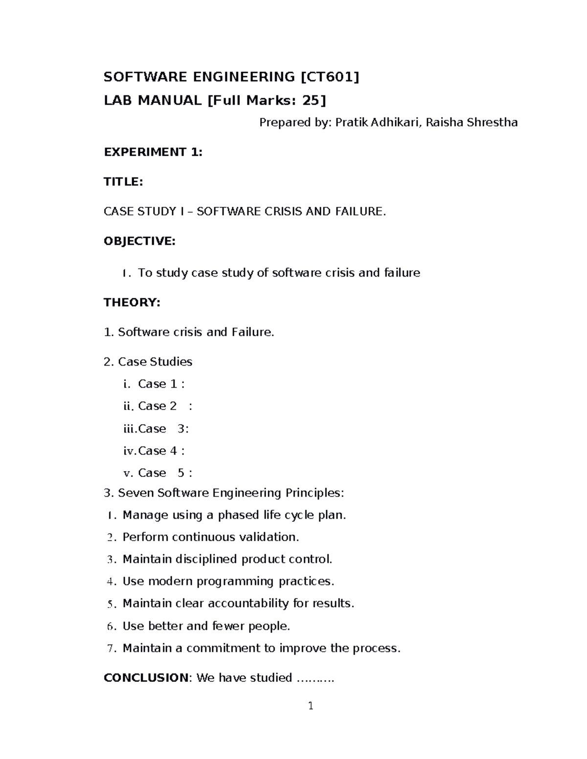 CT601 Software Engineering Lab Manual: Experiments & Case Studies - Studocu