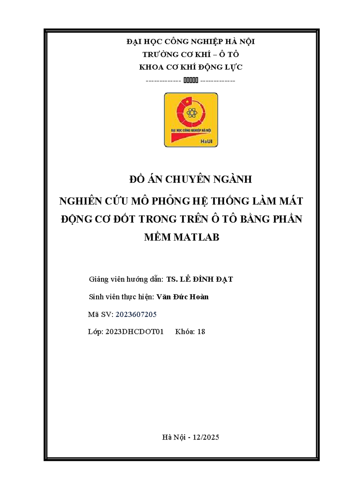 Đồ Án Chuyên Ngành: Nghiên Cứu Hệ Thống Làm Mát Động Cơ Ô Tô - Mã SV ...