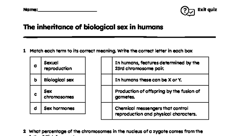 Exit Quiz: The Inheritance of Biological Sex in Humans (BIO101) - Studocu