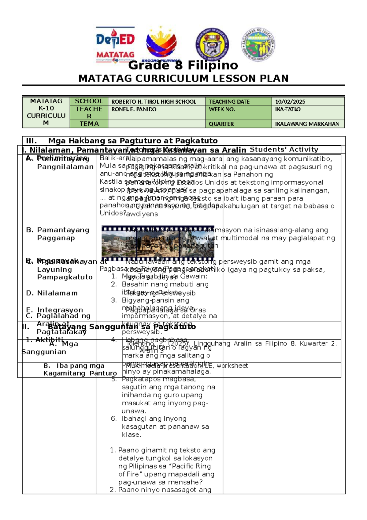 Grade 8 Filipino Lesson Plan: Pagtuturo ng Tekstong Persweysib - Studocu