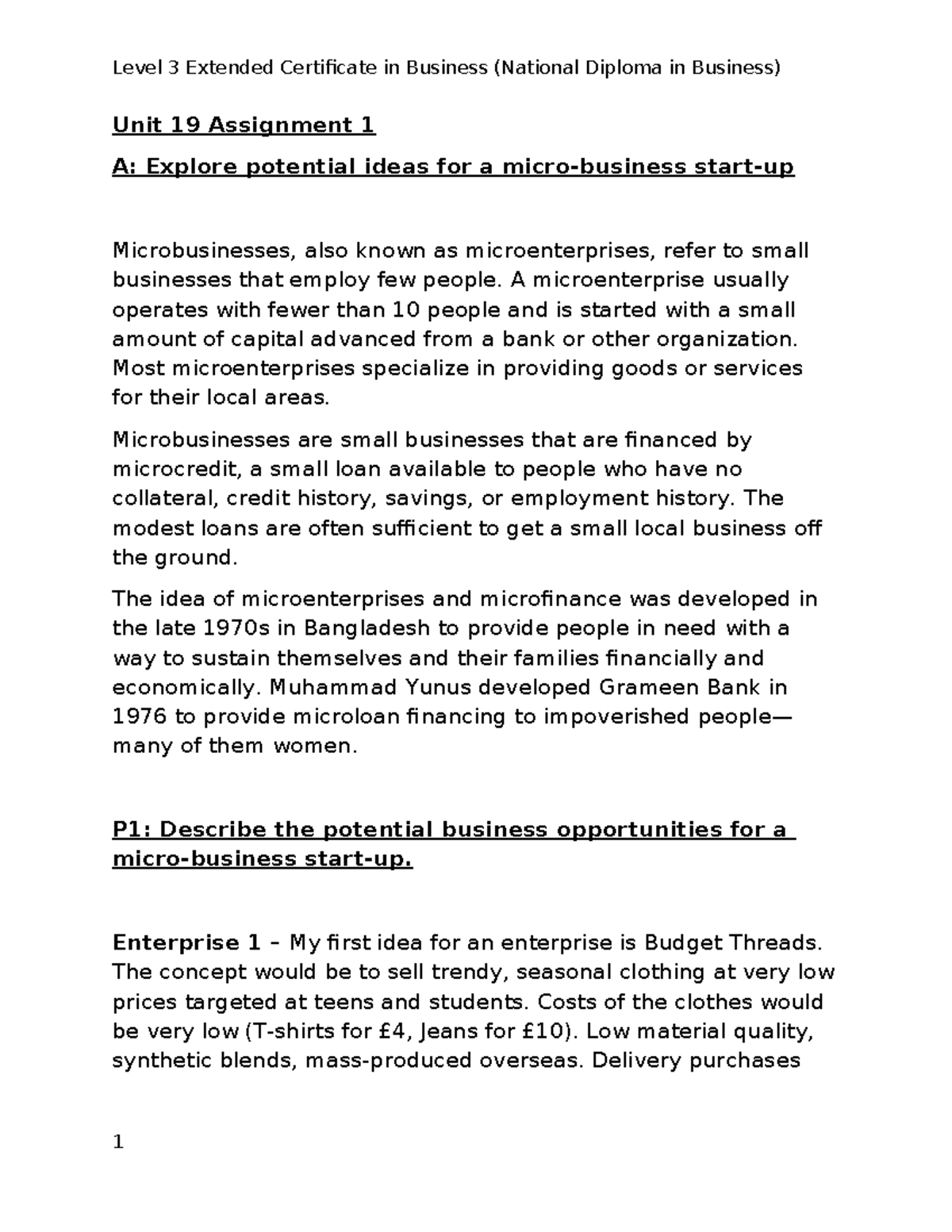 Unit 19 Assignment 1 - A: Exploring Micro-Business Ideas for Start-Up ...