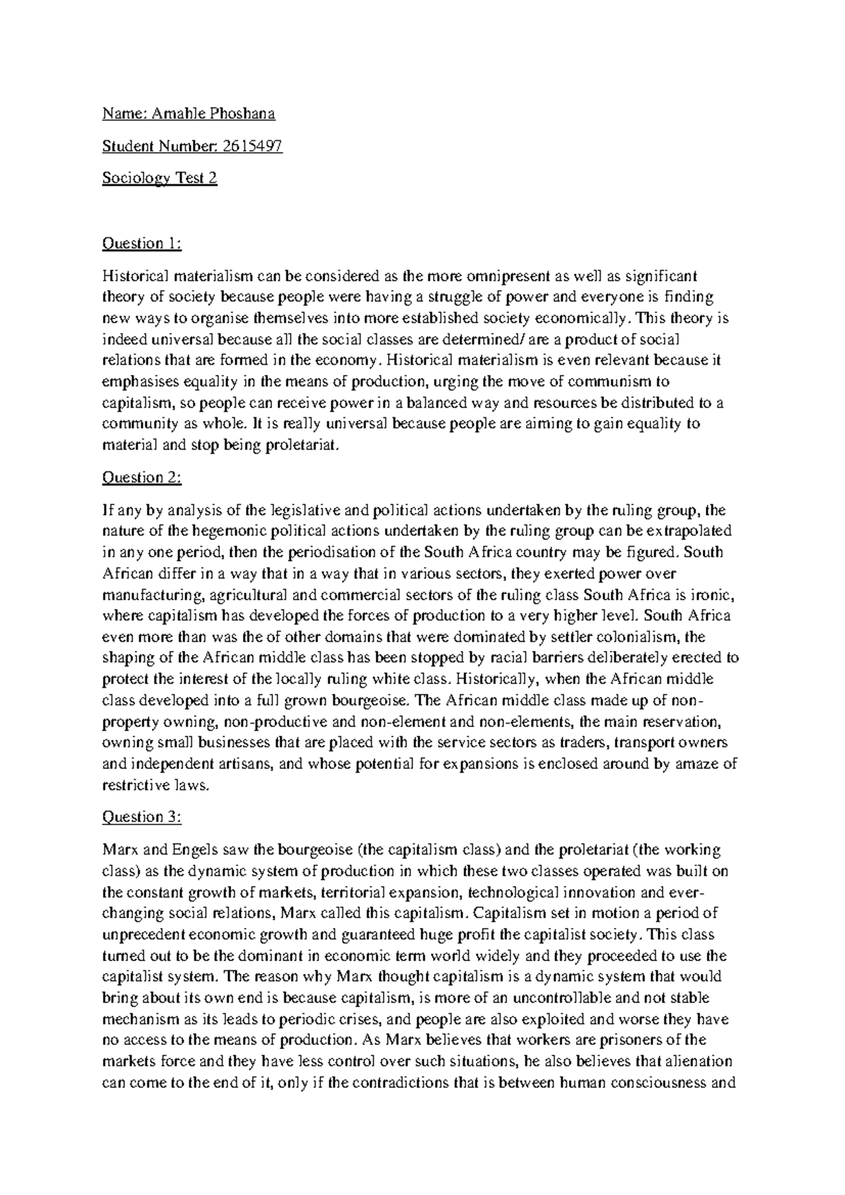 Sociology test 2 - Name: Amahle Phoshana Student Number: 2615497 ...