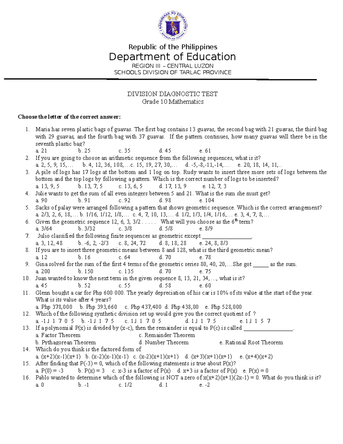 Diagnostic Test - Mathematics 10: Comprehensive Review and Key Answers ...
