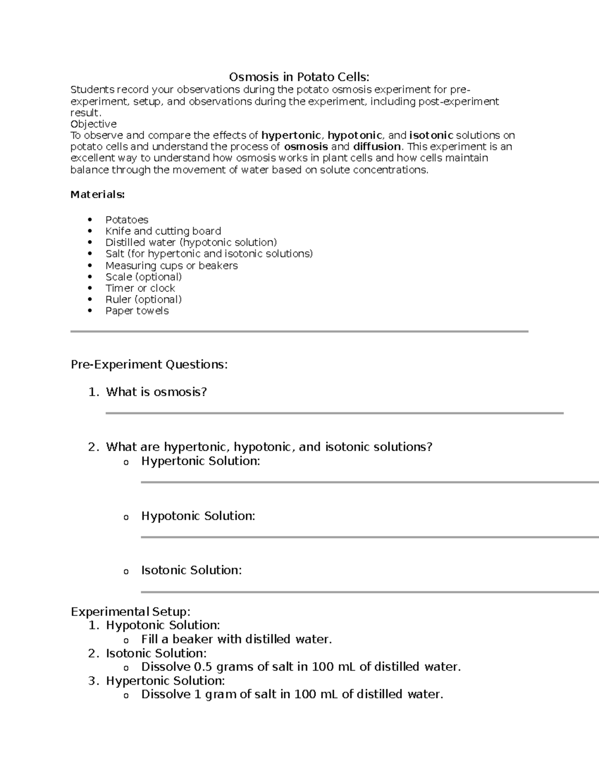 Osmosis & Diffusion in Potato Cells: Experiment Observations and ...