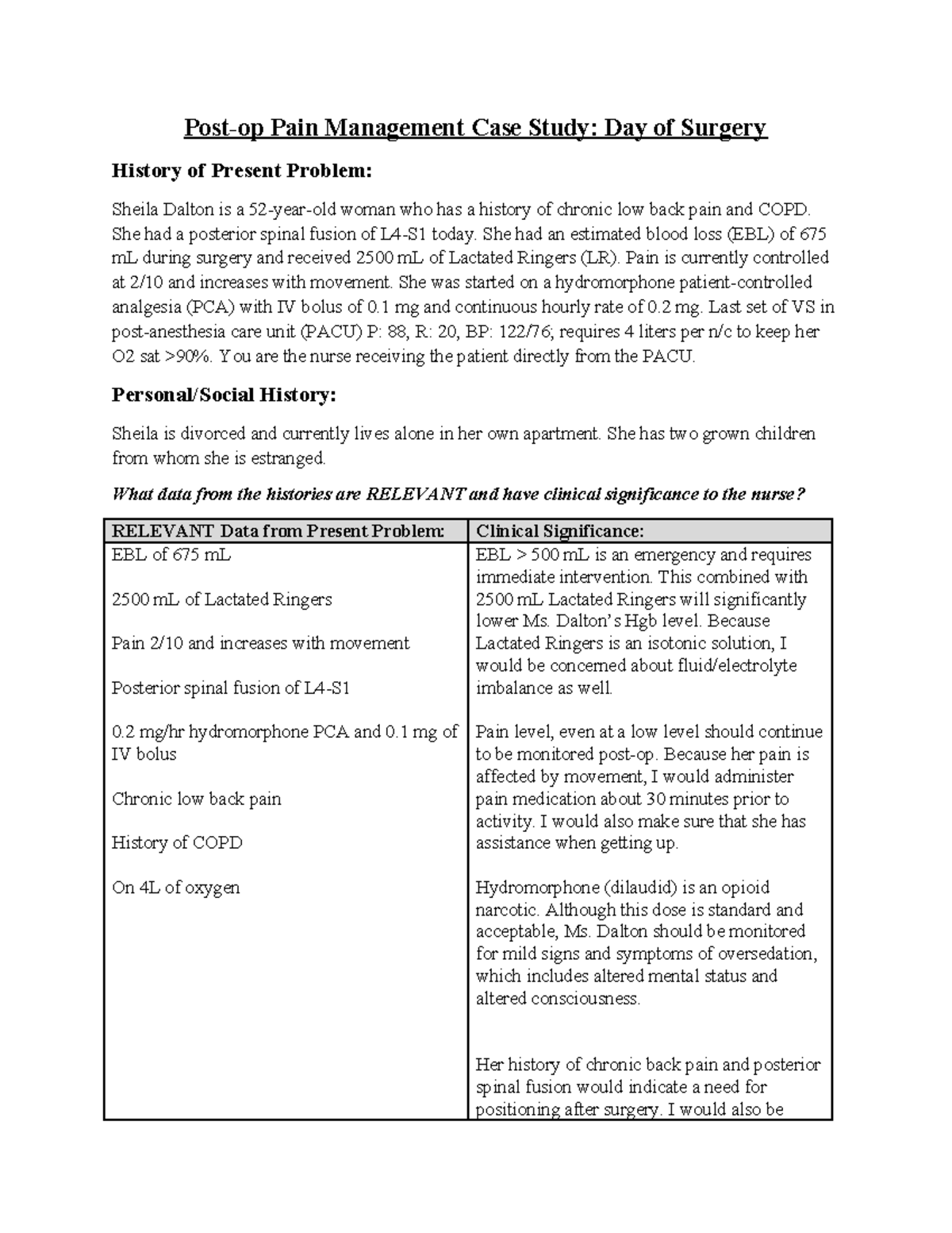 Post Op Pain Management Case Study For Nursing 102 Sheila Dalton Studocu