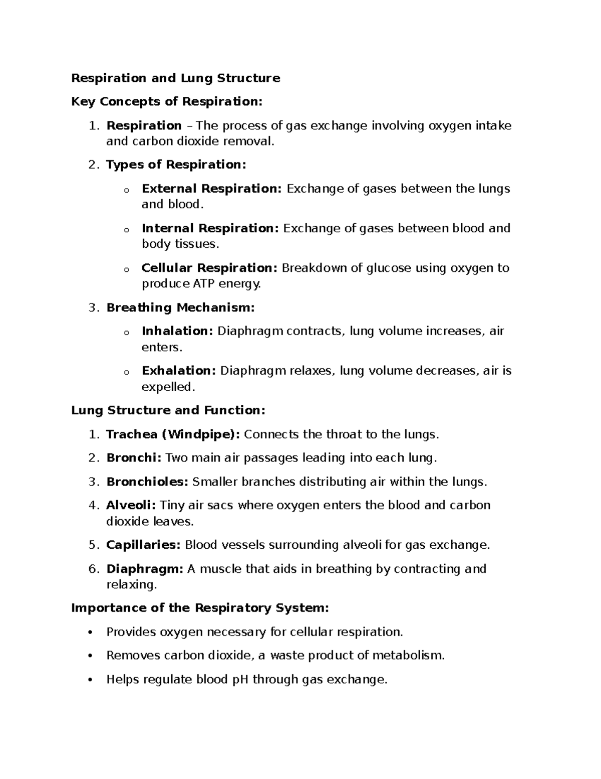 Respiration and Lung Structure - Respiration – The process of gas ...