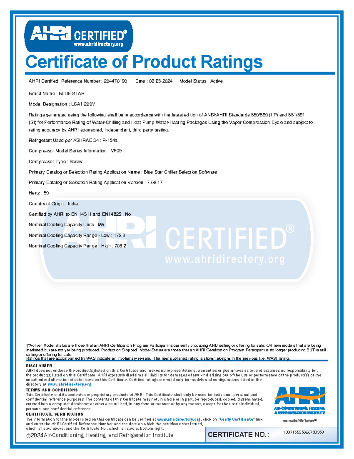 AHRI Certificate of Product Ratings for BLUE STAR Model LCA1-200V - Studocu