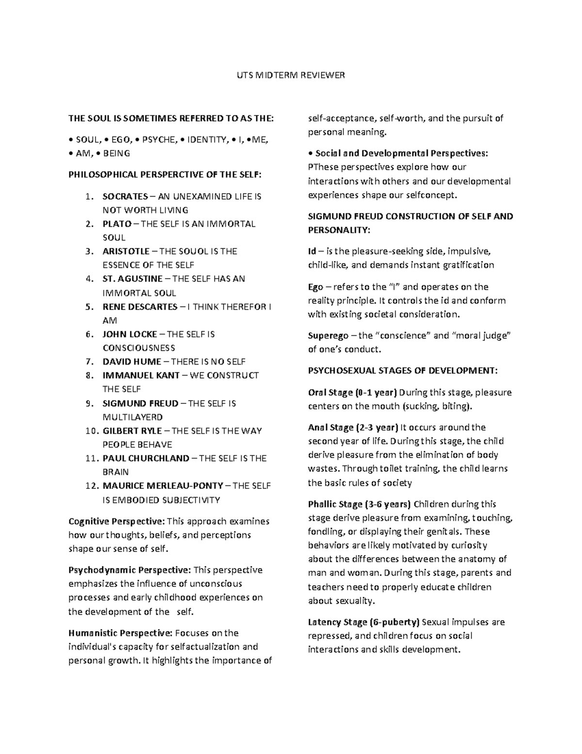 UTS MIDTERM REVIEWER: PHILOSOPHICAL PERSPECTIVES ON THE SELF - Studocu