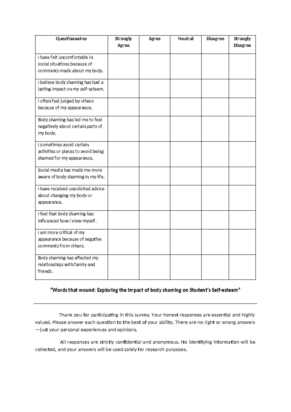 Survey on Body Shaming Impact: Responses & Insights - Studocu