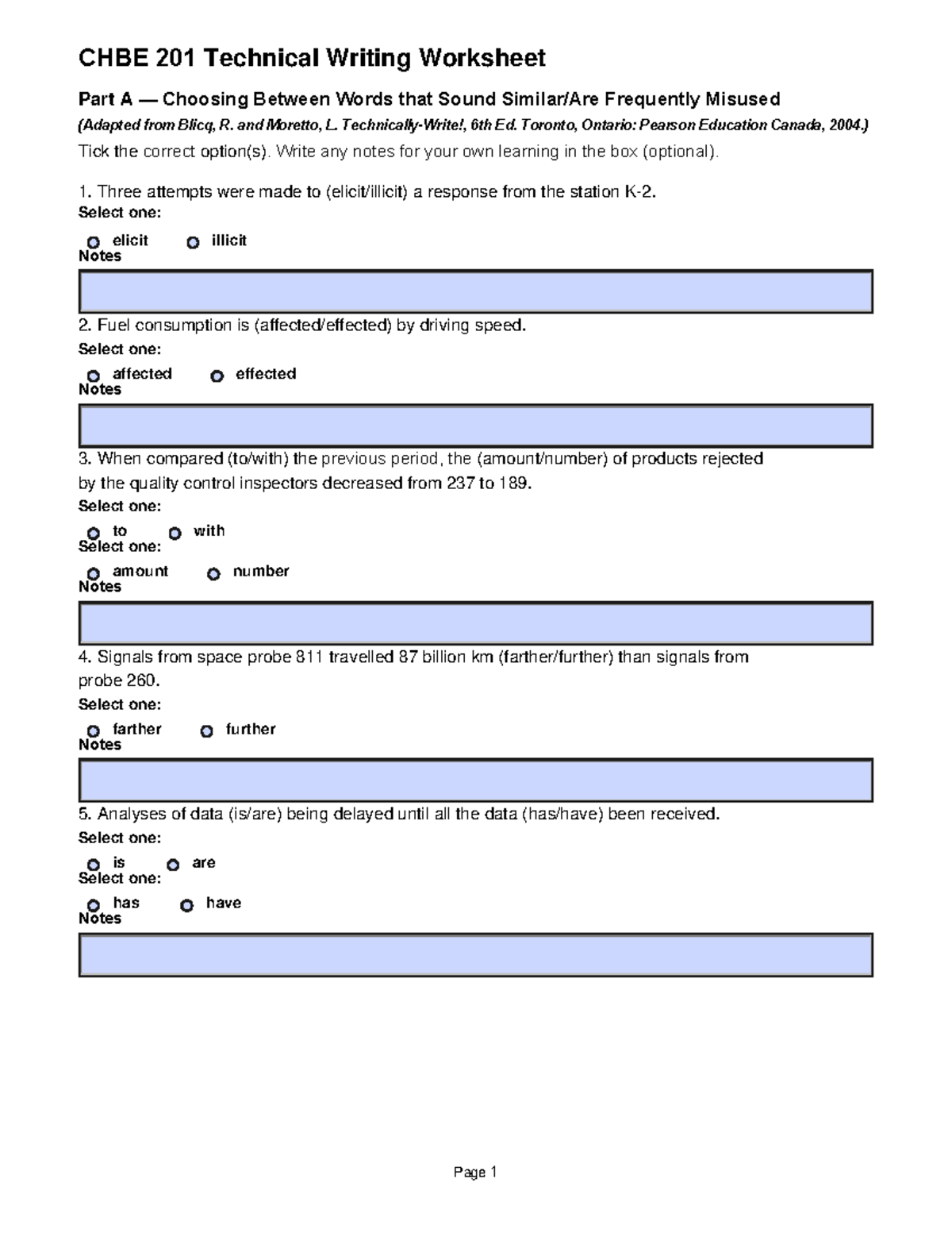 CHBE 201 Technical Writing Worksheet: Common Misused Words & Errors ...