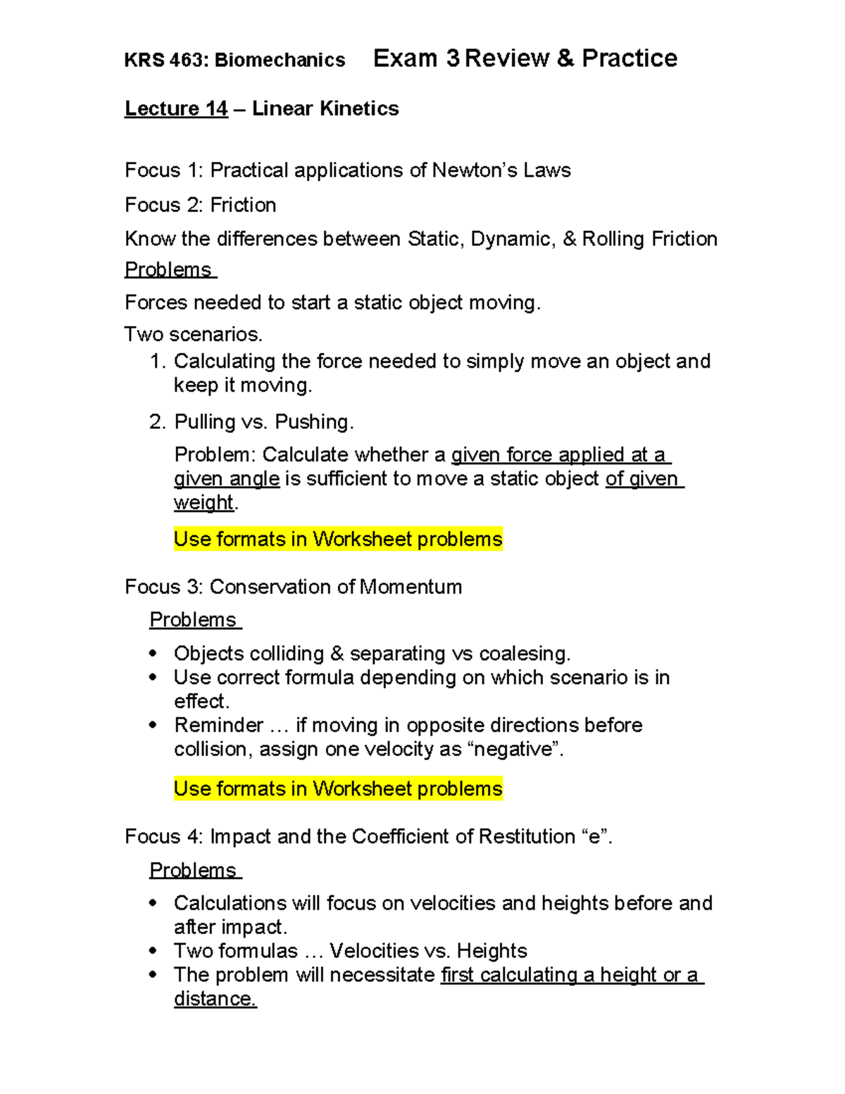 KRS 463 - Exam 3 Review: Key Topics in Biomechanics 2024 - Studocu