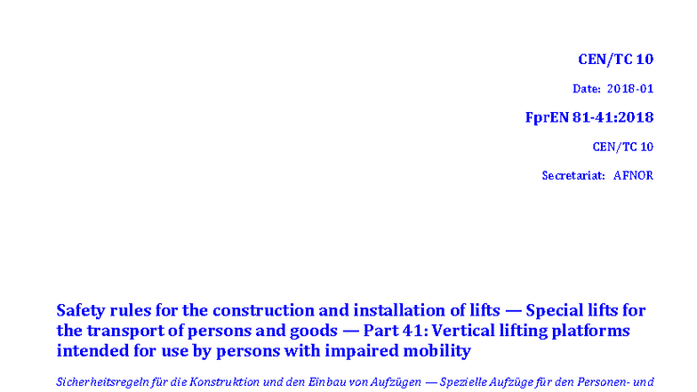FprEN 81-41: Safety Rules for Vertical Lifting Platforms - Final Vote ...