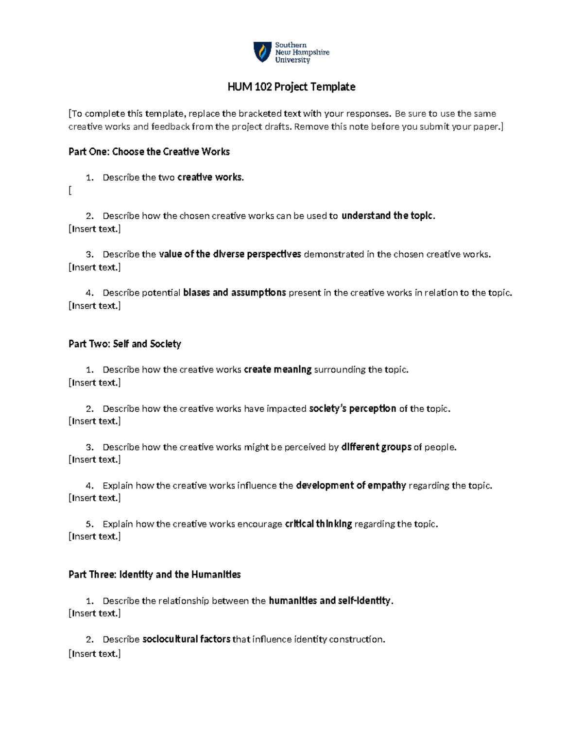 HUM 102 Project Template for Creative Works Analysis and Reflection ...