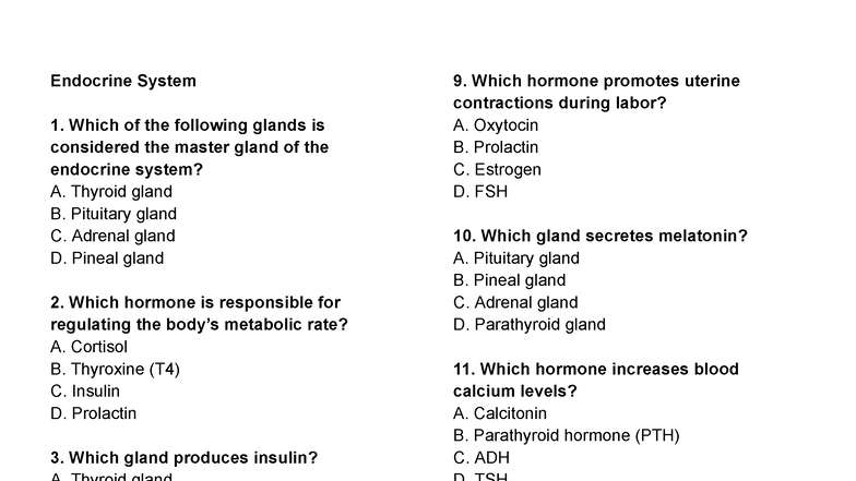 Endocrine System Quiz: Master Gland & Hormone Functions - Studocu