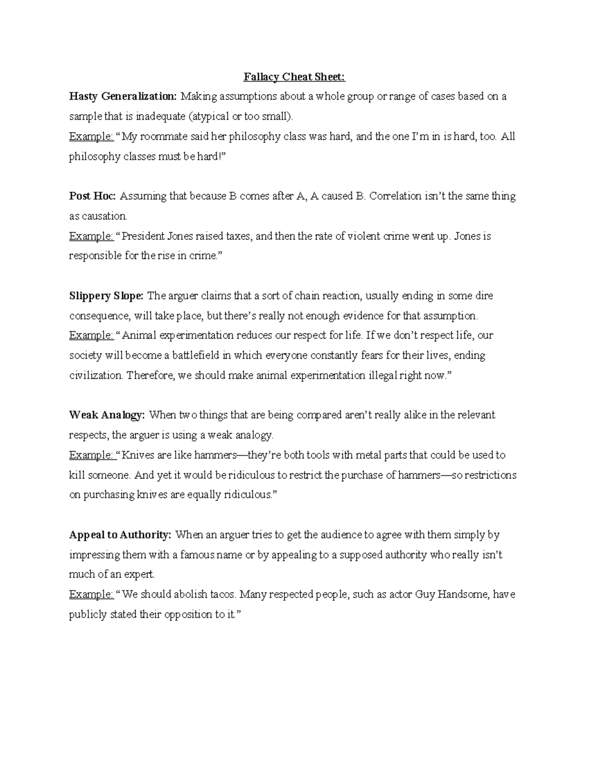 Fallacy Cheat Sheet: Understanding Common Logical Fallacies - Studocu