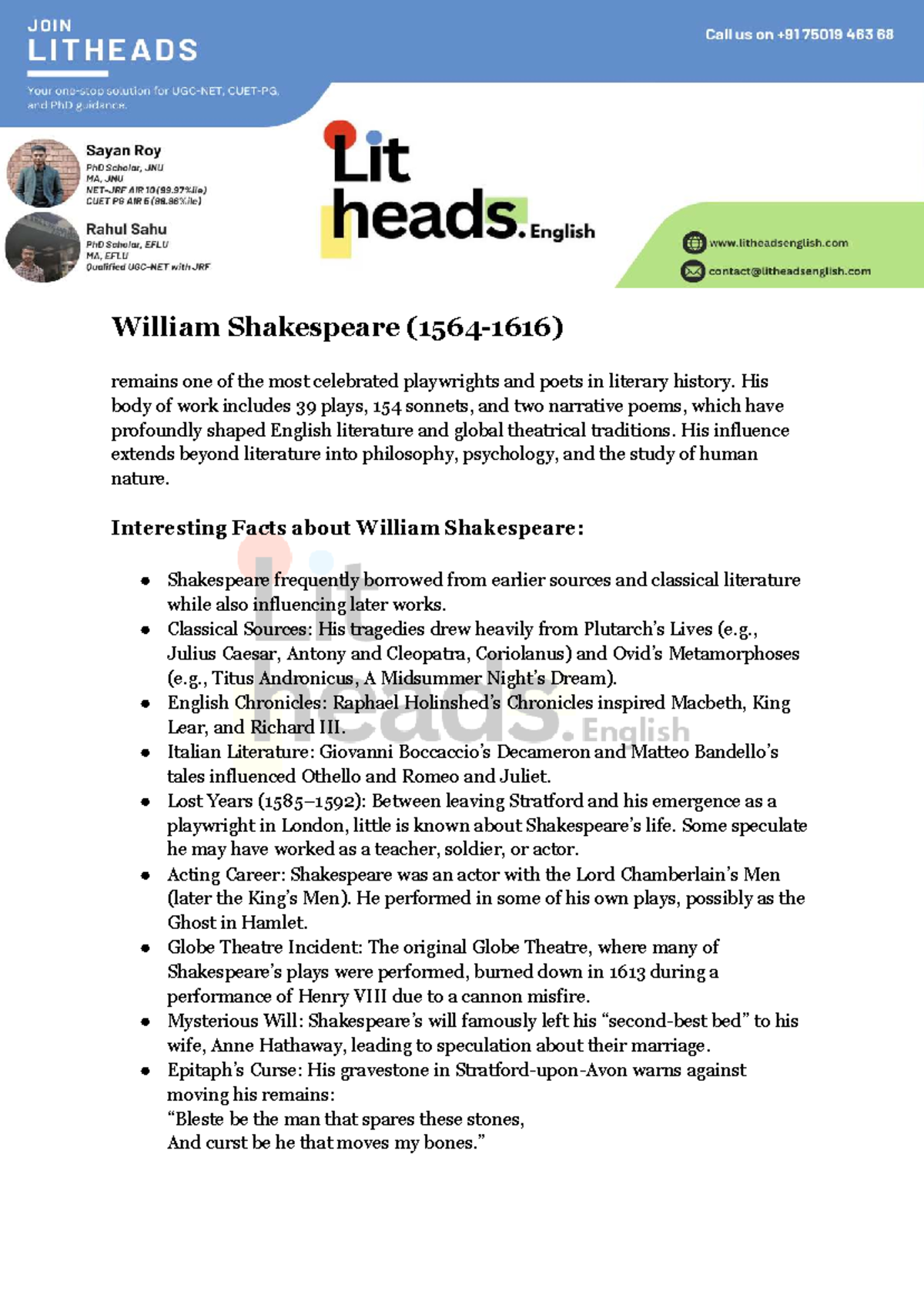 01-William Shakespeare: Insights into His Life and Works for CUET PG ...