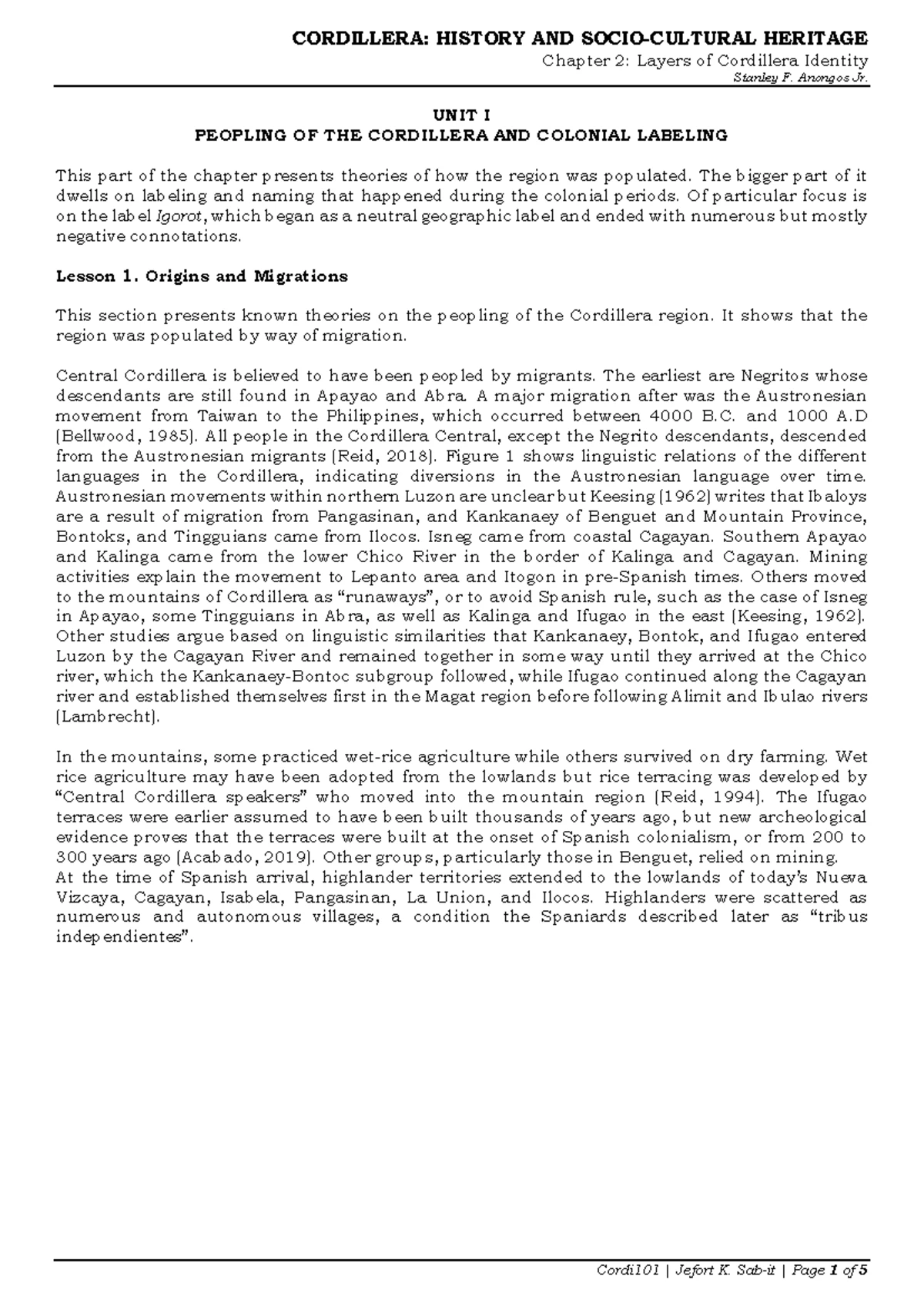 Chapter 1: Understanding Cordillera Heritage in Cordillera 101 - Studocu