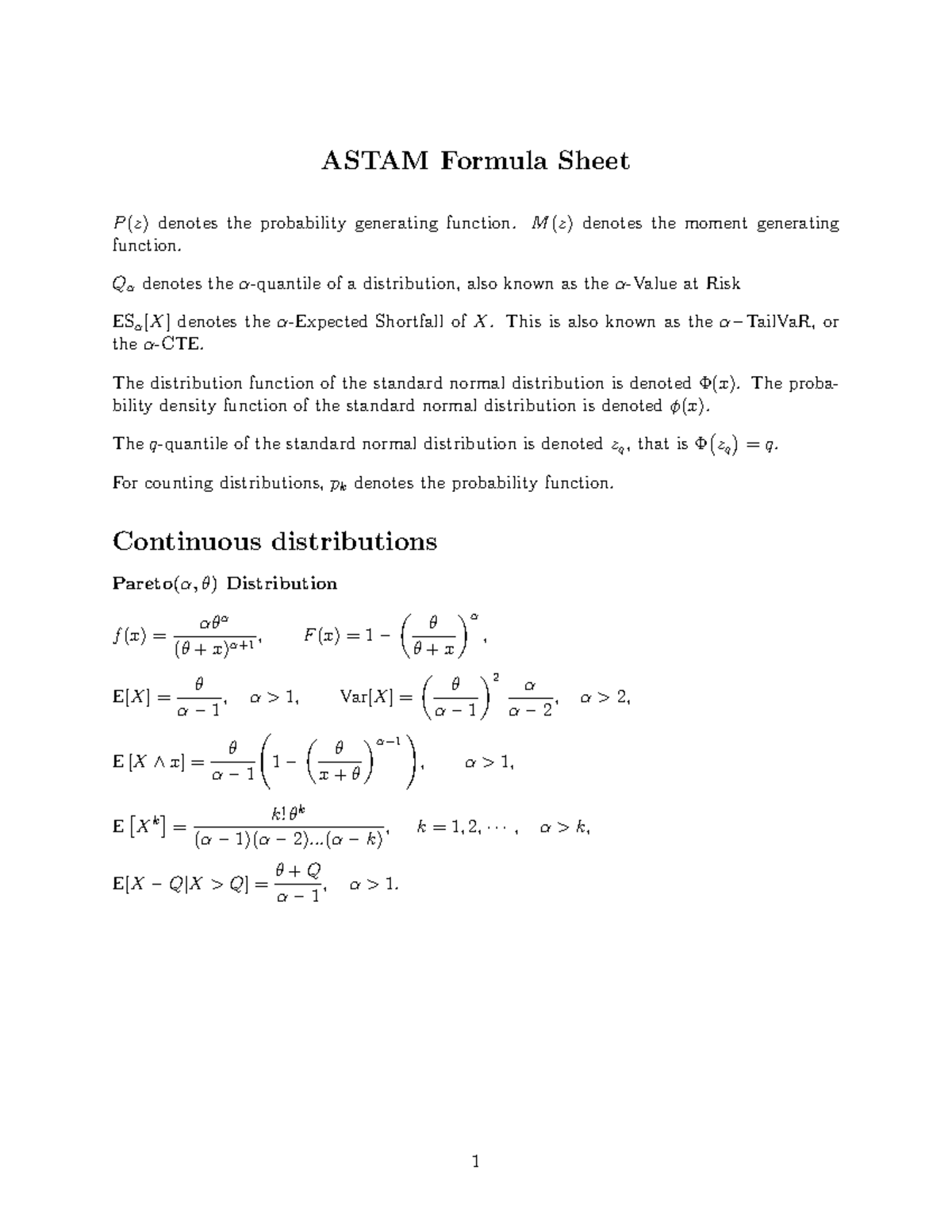ASTAM 101: Comprehensive Formula Sheet for Continuous Distributions ...