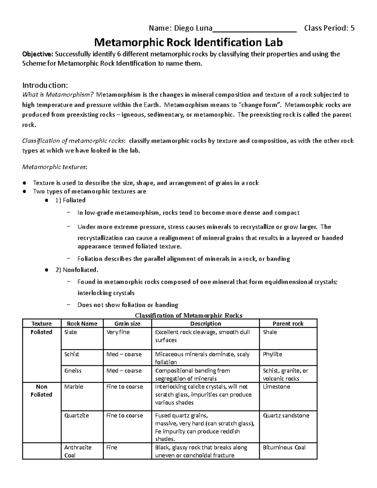 Metamorphic Rock Identification Lab (Course Code: GEO 101) - Studocu