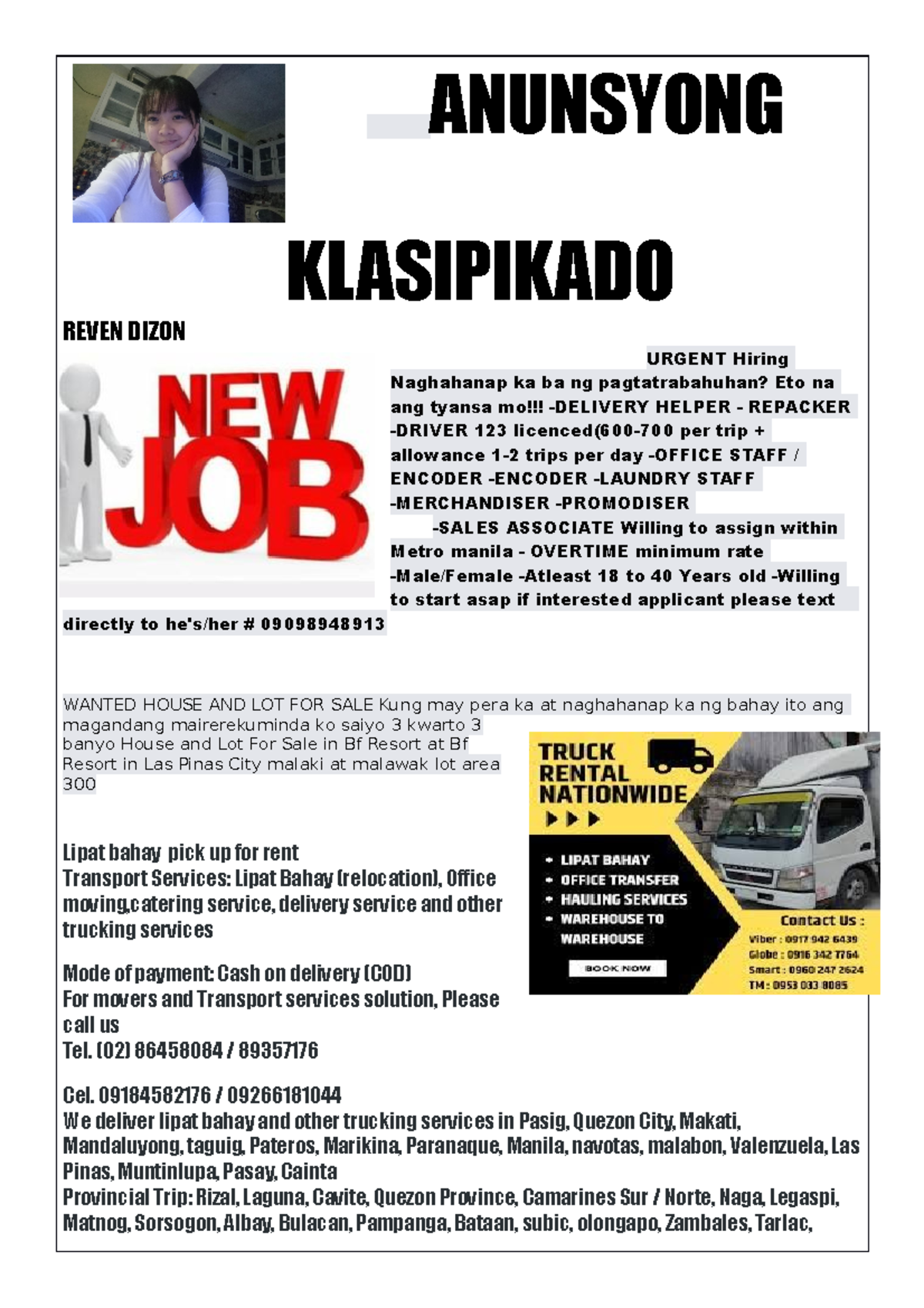 Anunsyong - Hiring Delivery Helpers, Office Staff, and Transport ...