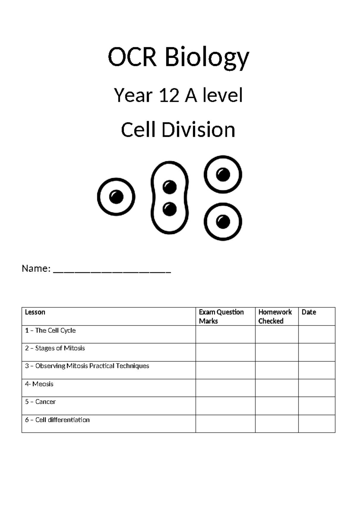 Y12 Biology: Cell Division Lesson Notes & Practical Techniques - Studocu