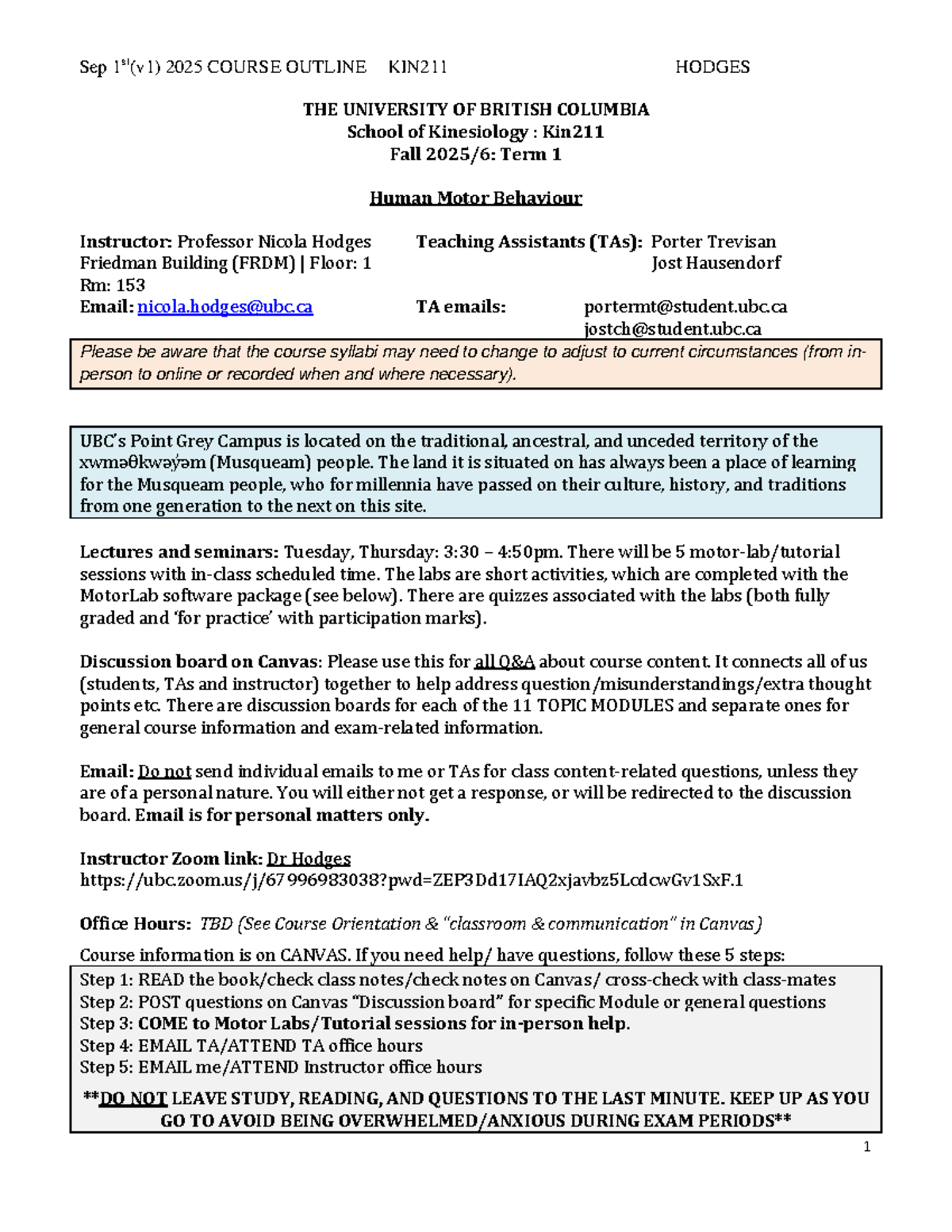 KIN211 Course Outline: Human Motor Behaviour - Fall 2025 - Studocu