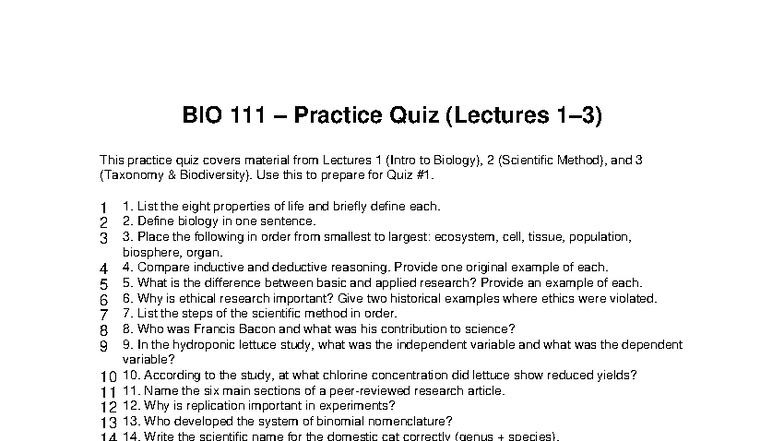 BIO111 Quiz 1 Practice: Key Concepts from Lectures 1-3 - Studocu
