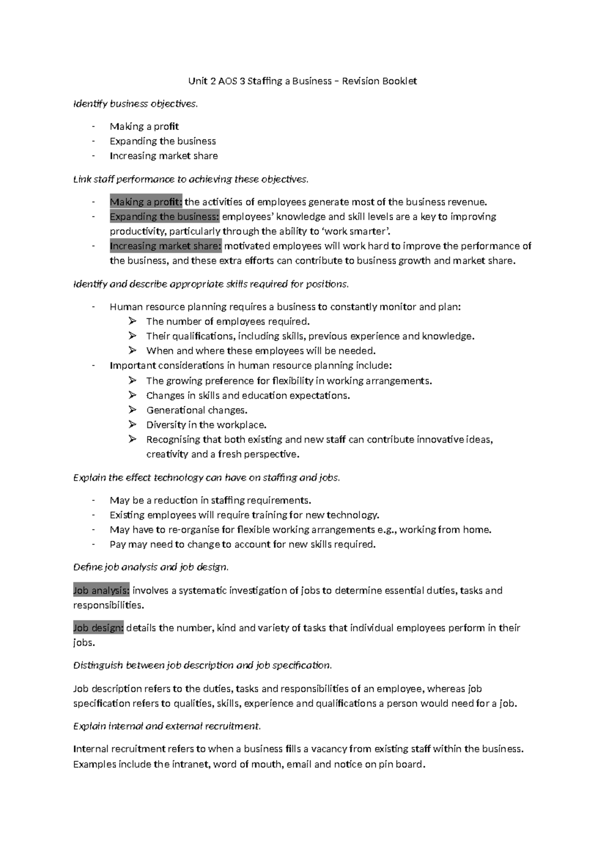 Unit 2 AOS 3 Revision: Staffing Strategies in Business Management - Studocu