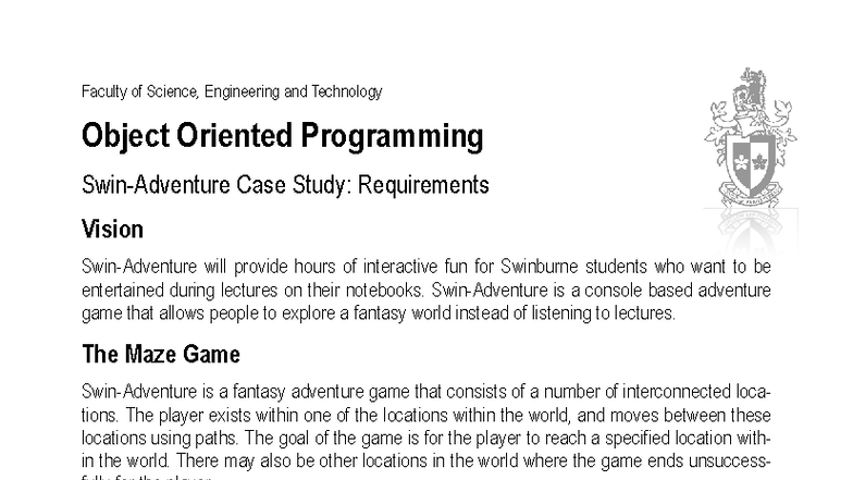 Swin-Adventure: Object Oriented Programming Case Study Requirements - Studocu