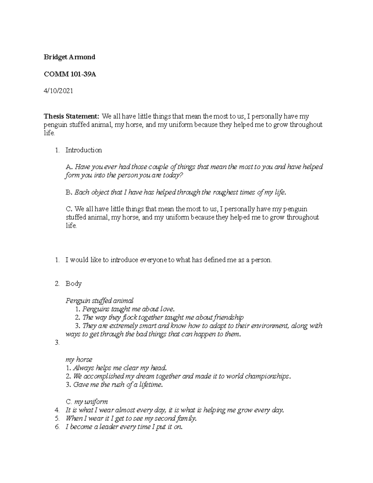 COMM 101-39A: Object Speech Outline on Personal Growth Through ...
