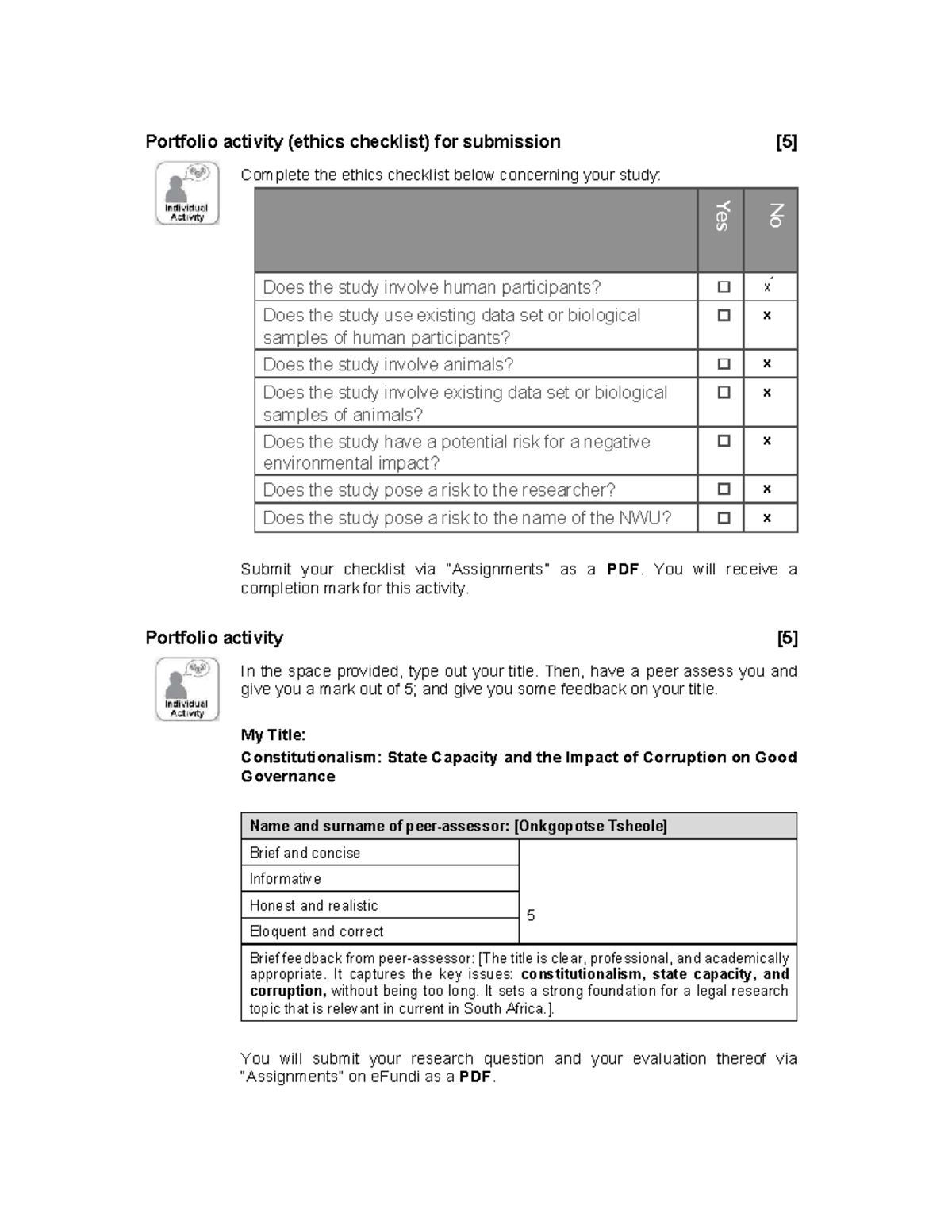 Ethics Checklist Submission for Portfolio Activity (Course Code: 377 ...
