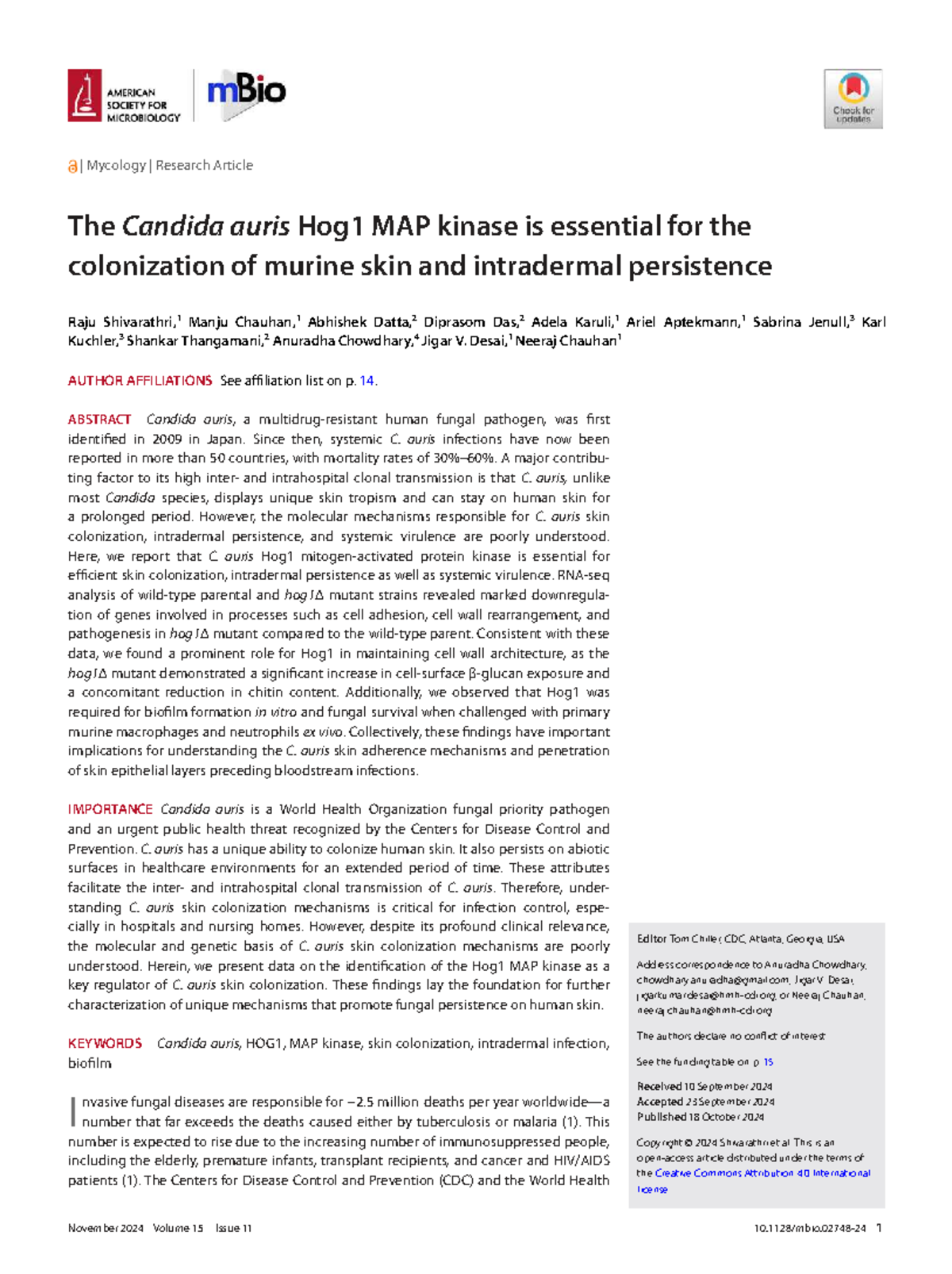 HOG1 MAP Kinase's Role in Candida auris Skin Colonization and Virulence ...