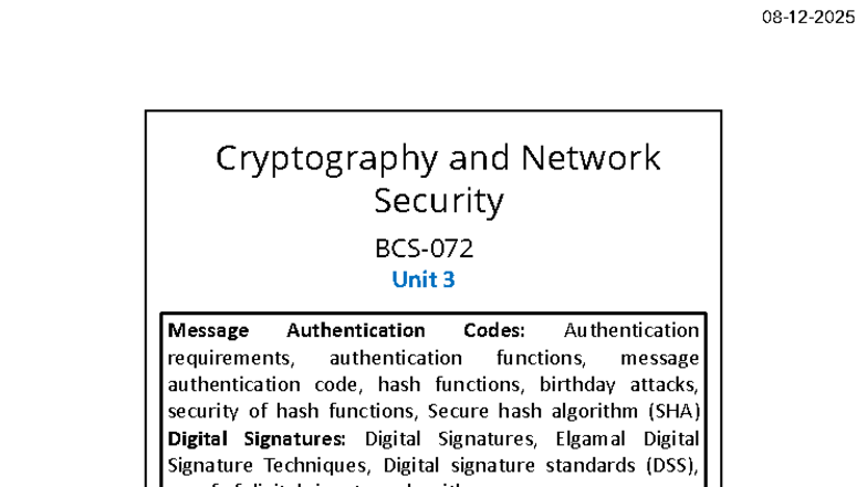 Unit 3: Message Authentication Codes & Digital Signatures in ...