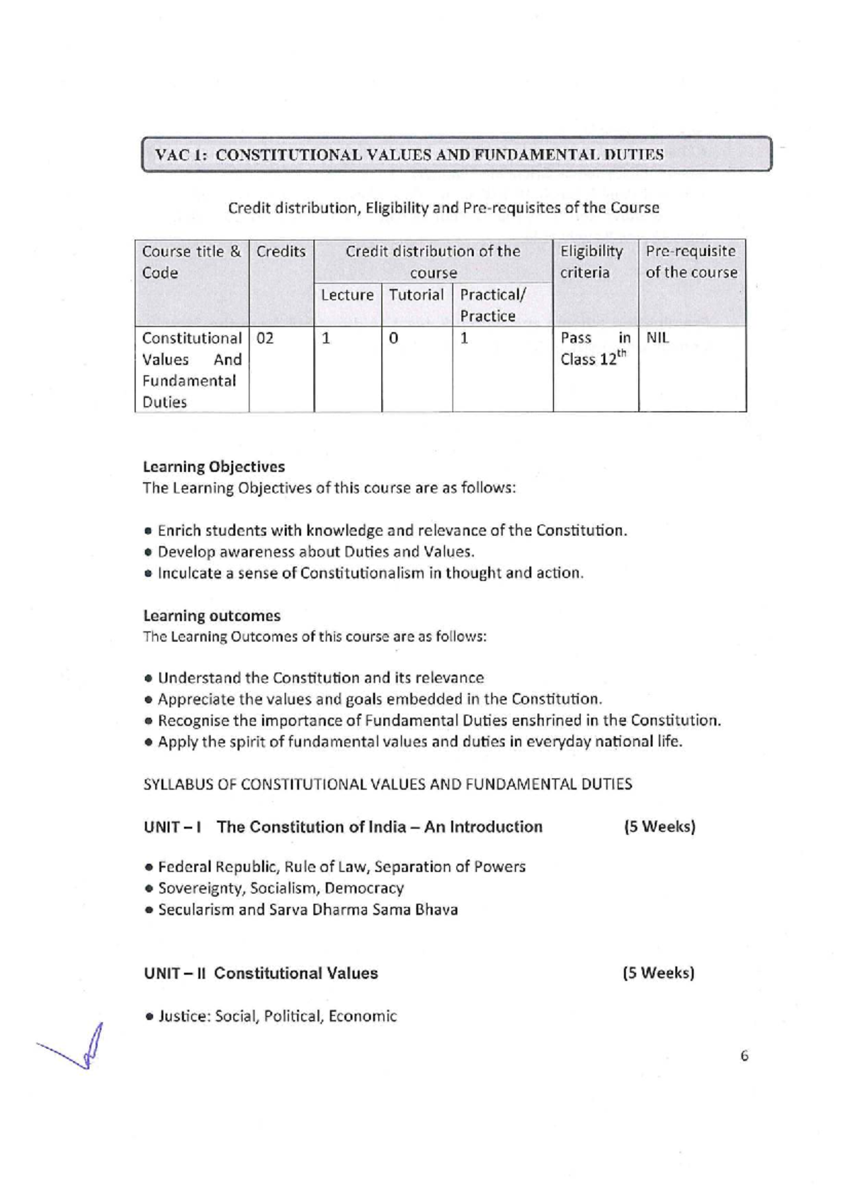 VAC 1: Syllabus for Constitutional Values & Fundamental Duties - Studocu