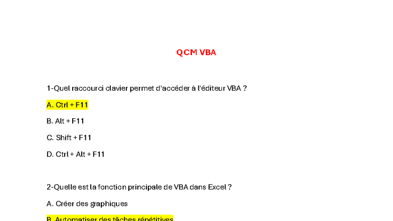 QCM VBA - Préparation pour l'Examen Final - Studocu