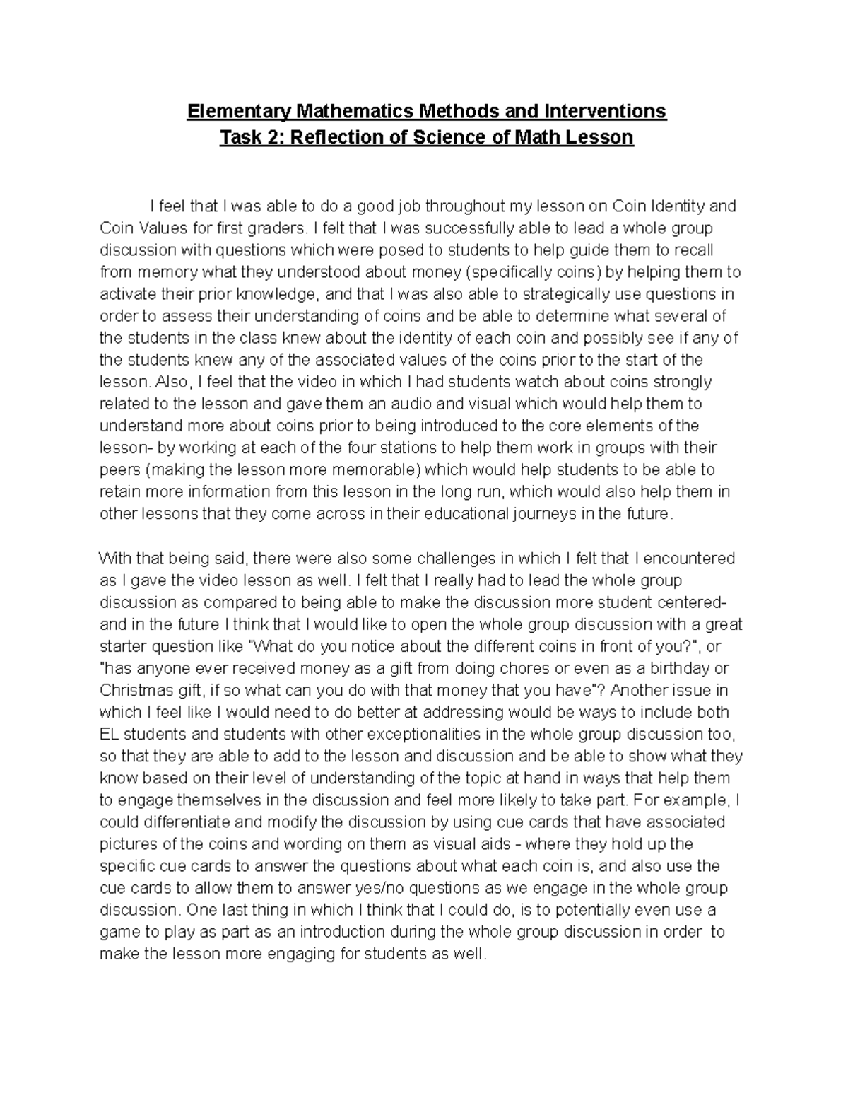 Elementary Math Methods & Interventions: Task 2 Reflection on Coin Lesson - Studocu