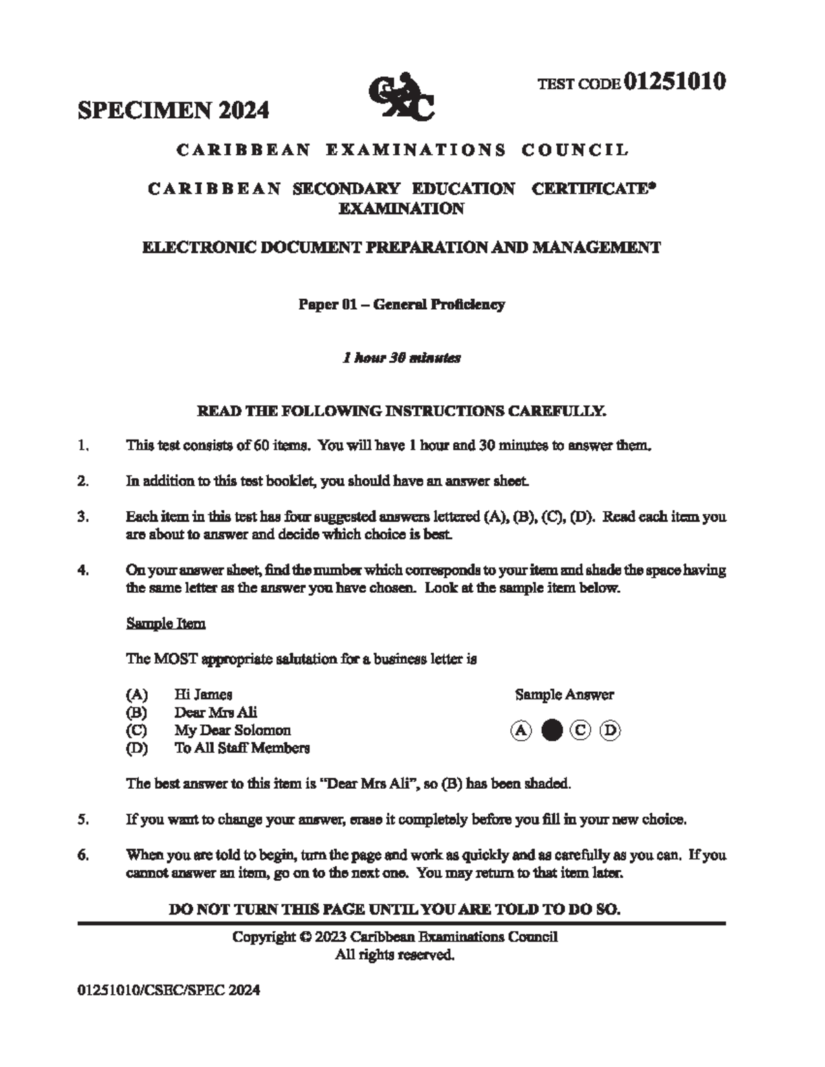 EDPM 2024 Paper 1 Specimen: Caribbean Secondary Education Exam - Studocu