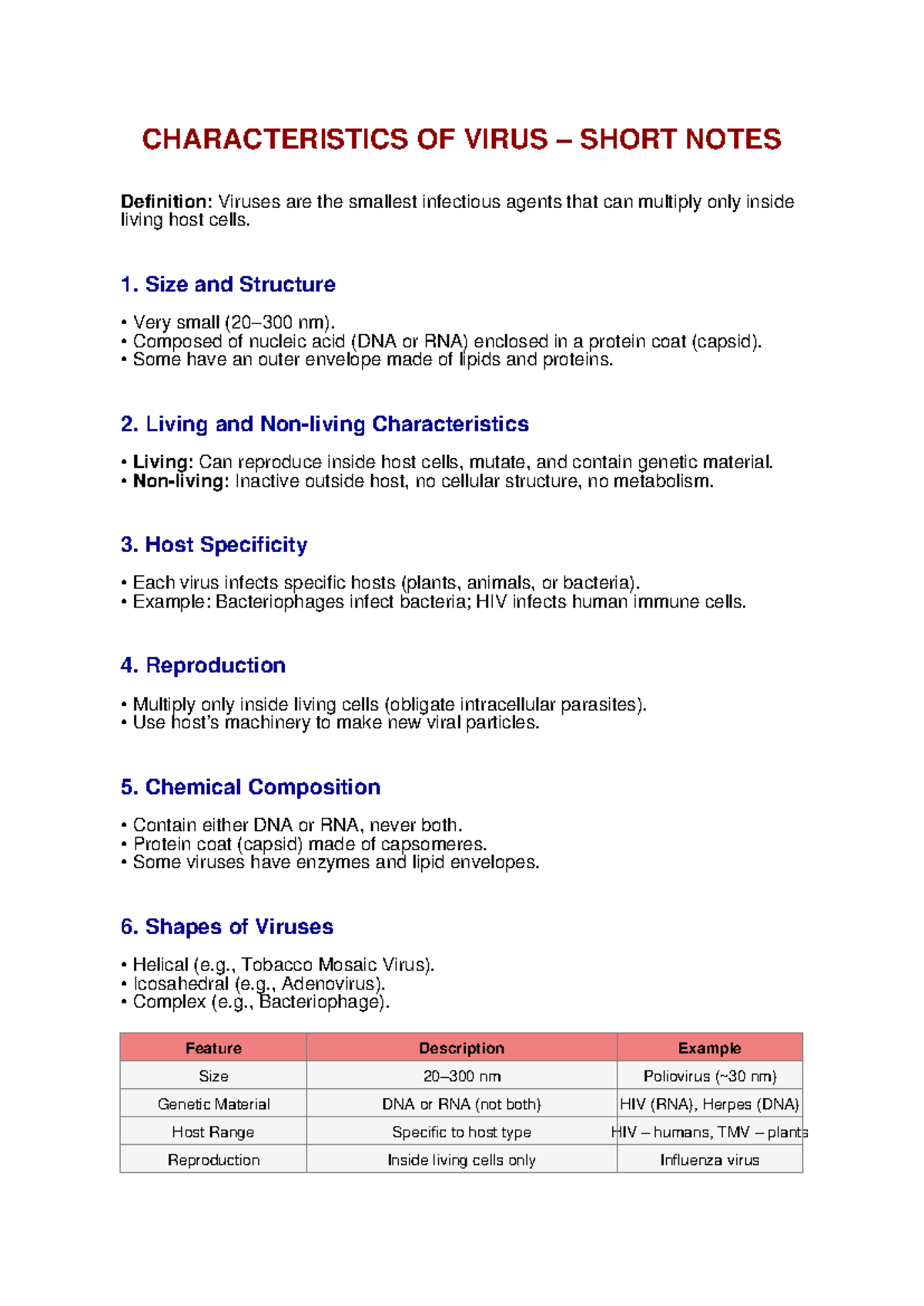 BIO101: Characteristics of Viruses - Short Notes - Studocu