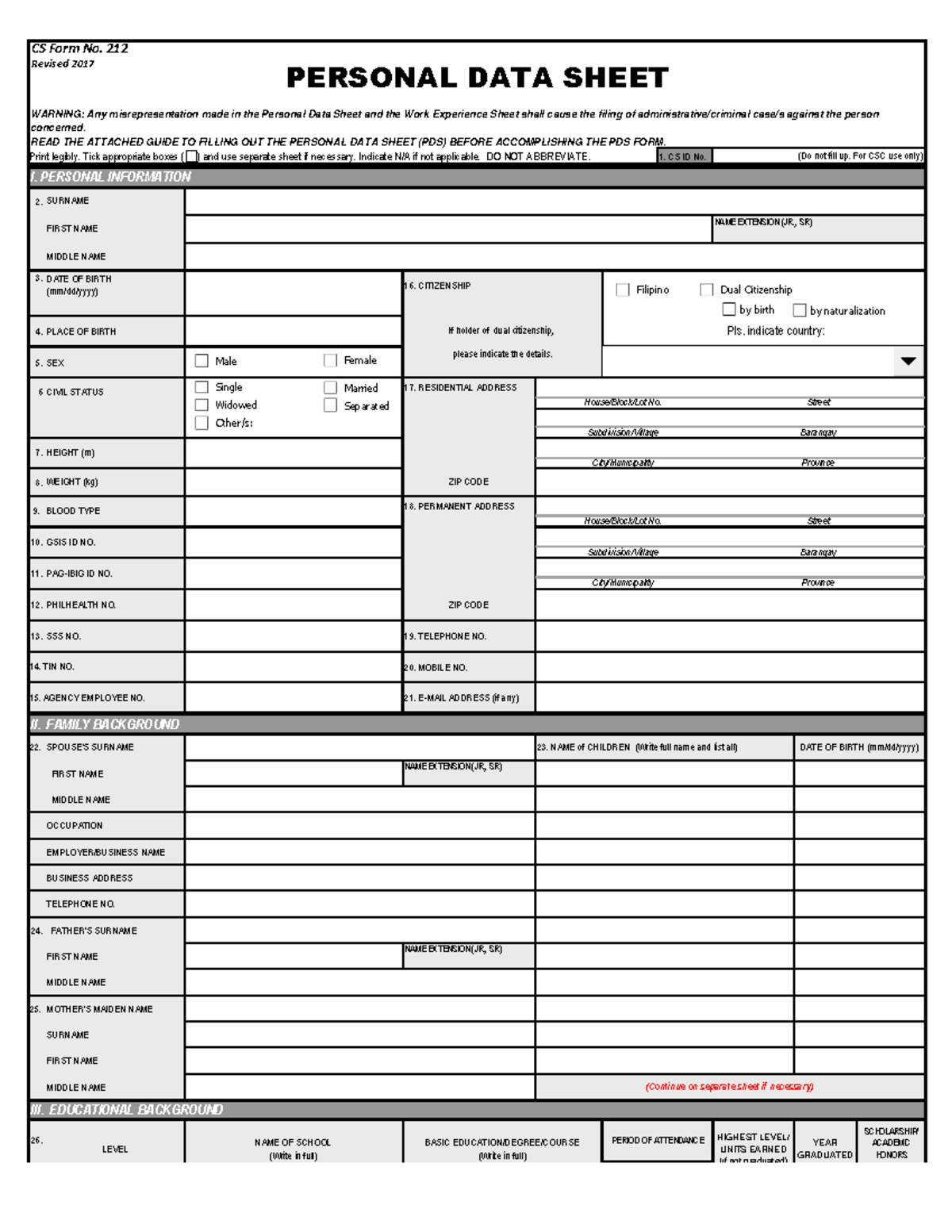 06-CSC Form 21 Revised 2017: Personal Data Sheet Instructions - Studocu