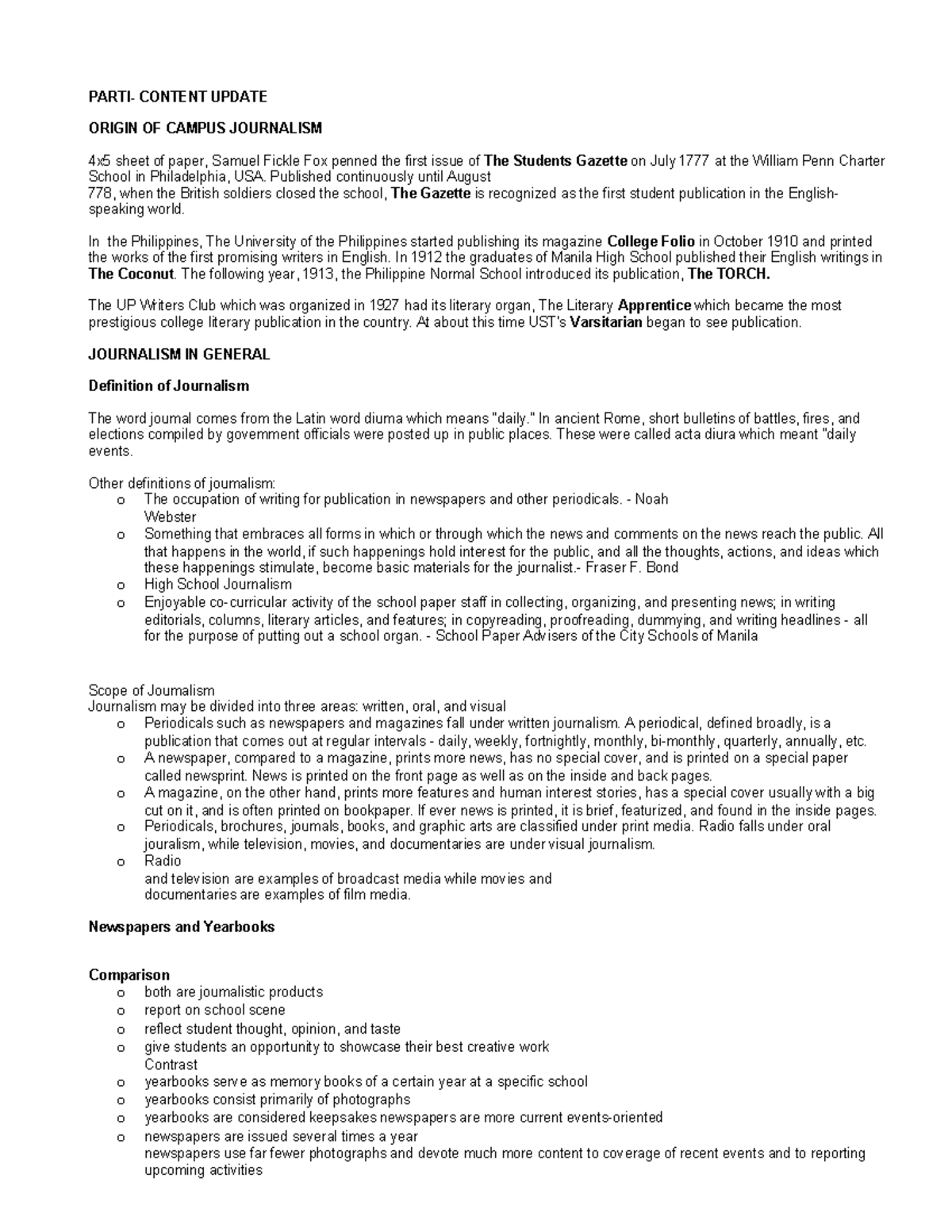 Journalism notes - PARTI- CONTENT UPDATE ORIGIN OF CAMPUS JOURNALISM ...