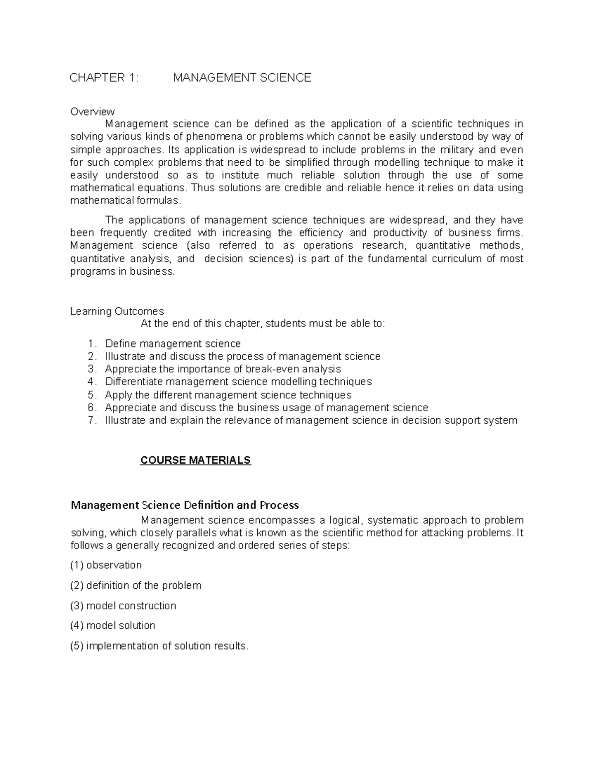 Chapter 1 - Introduction to Management Science Techniques - Studocu