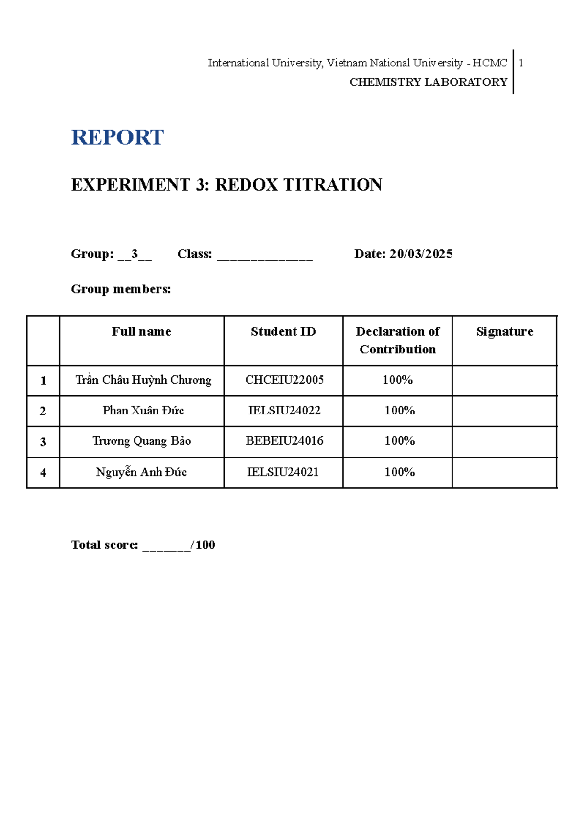 CHEM 101: Redox Titration Lab Report 3 - Studocu