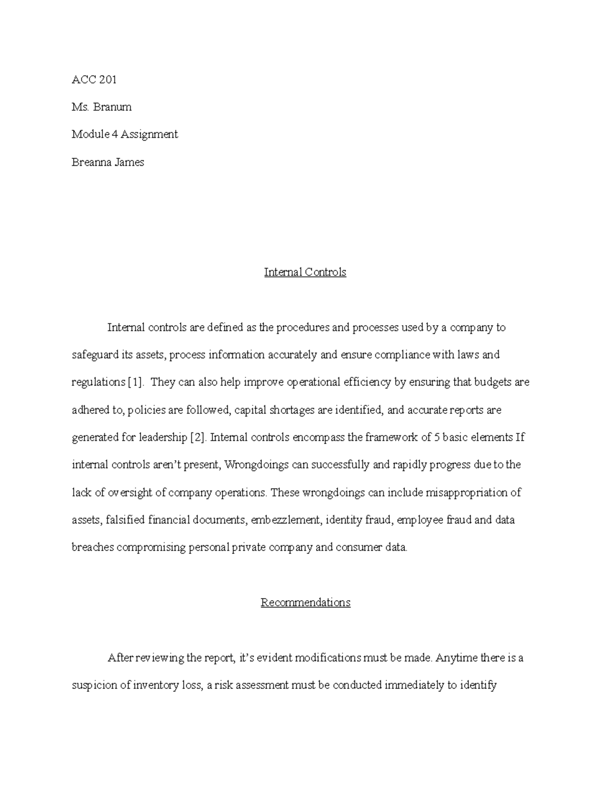 Acc201Mod4Internal Controls - ACC 201 Ms. Branum Module 4 Assignment ...