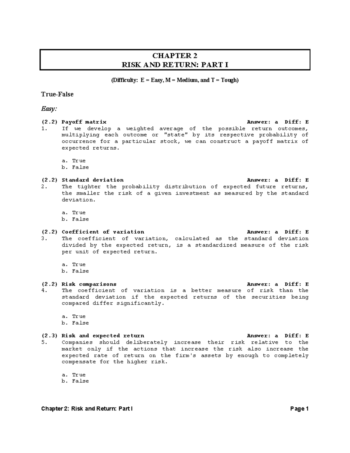 CHAPTER 2: RISK AND RETURN TEST BANK (EASY TO MEDIUM) - Studocu