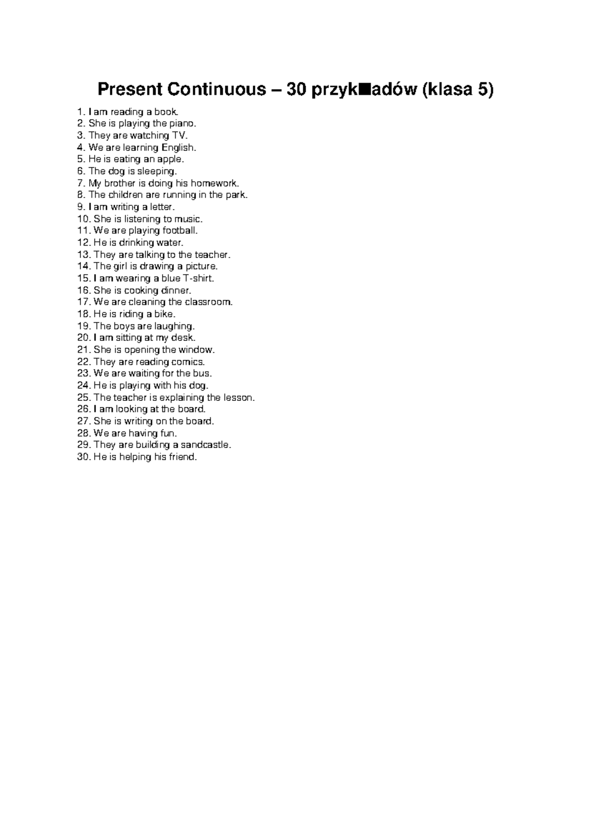 Present Continuous Examples for Class 5 (30 Sentences) - Studocu