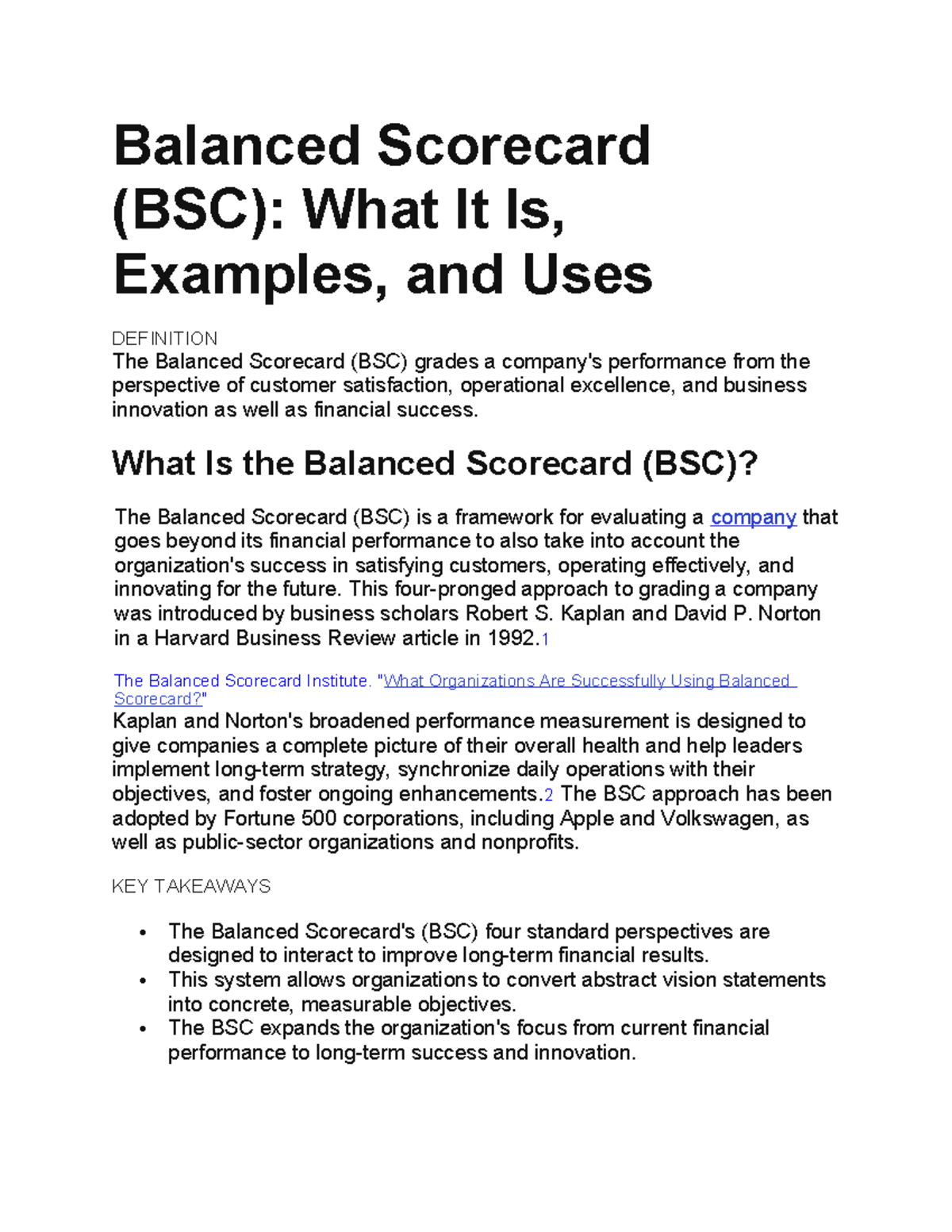 Balanced Scorecard (BSC): Definition, Examples, and Applications - Studocu
